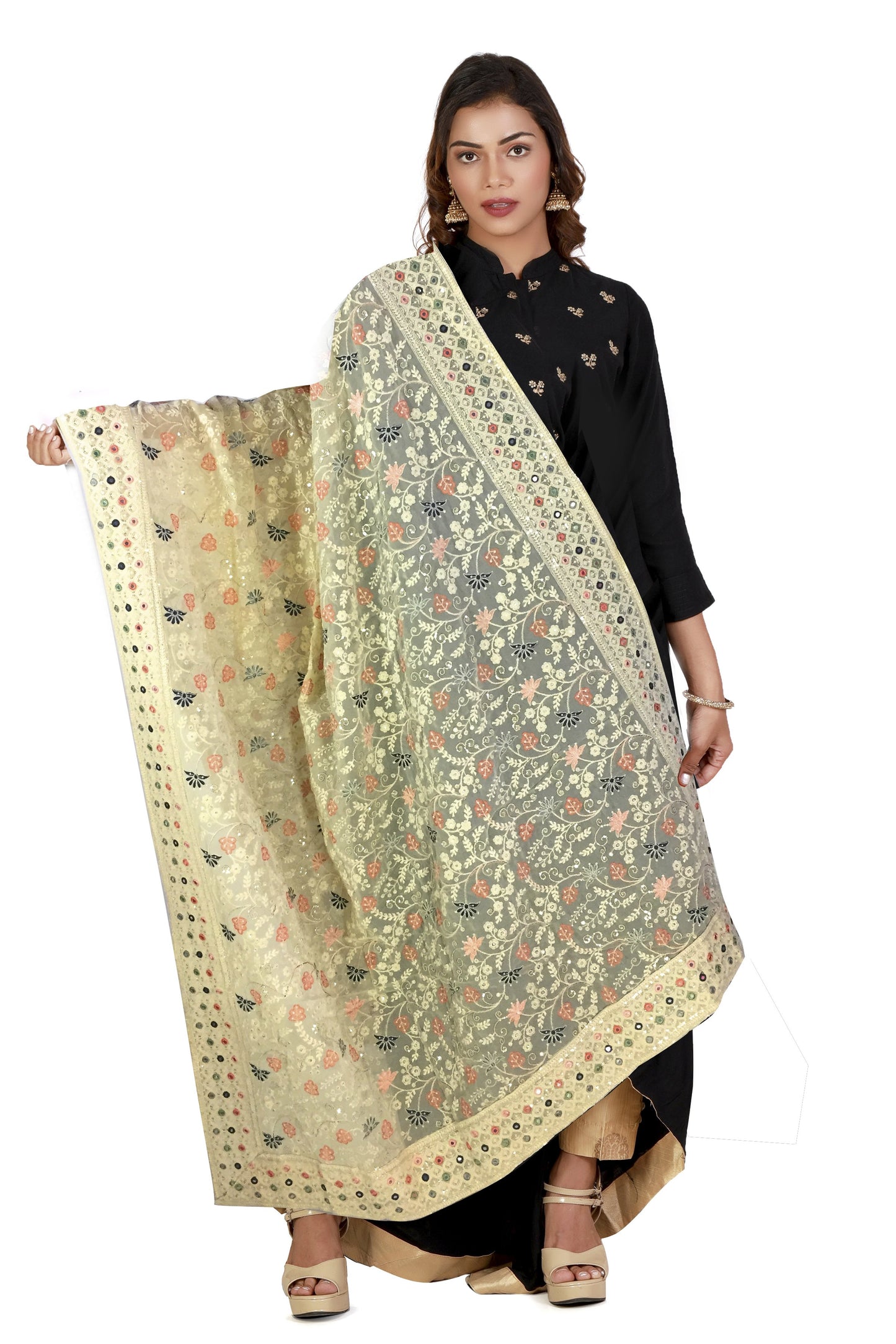 Heavy Cream Embroidered Dupatta – Inhika.com