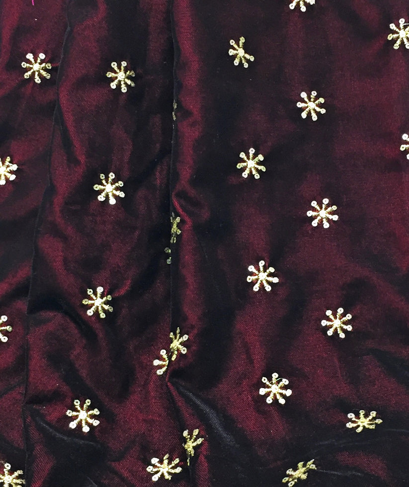 Maroon Velvet Fabric, Gold Sequin Embroidery Material by meter – Inhika.com