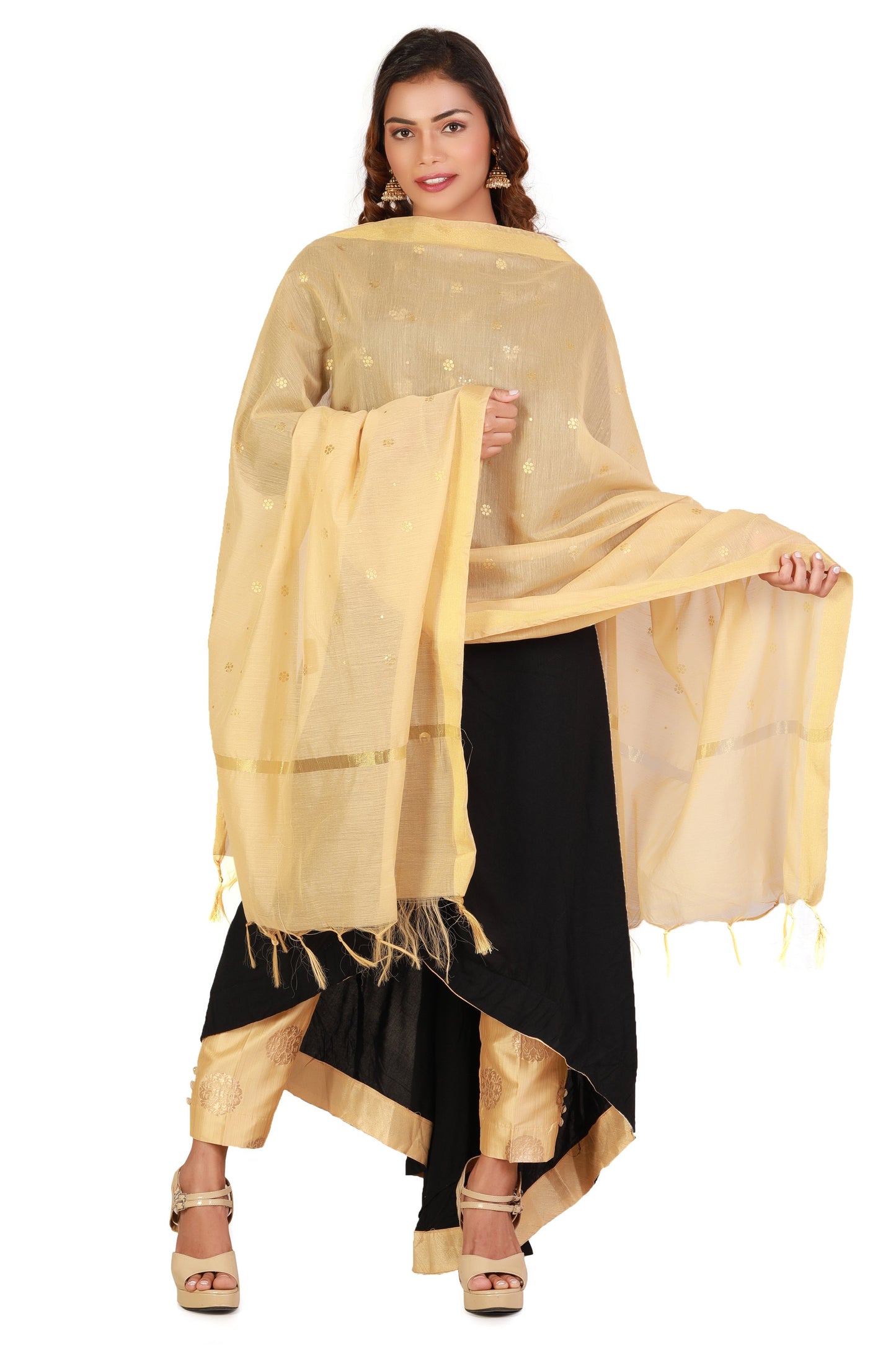 Golden Colour Dupatta Online With Printed Gold Foil Work – Inhika.com