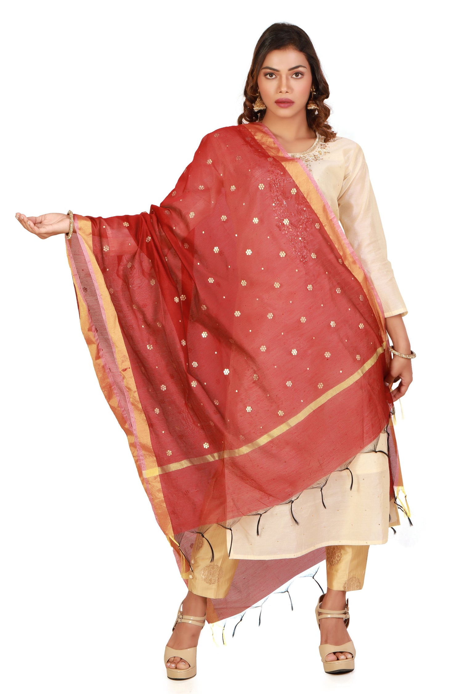Maroon Golden Dupatta With Printed Gold Foil Work – Inhika.com